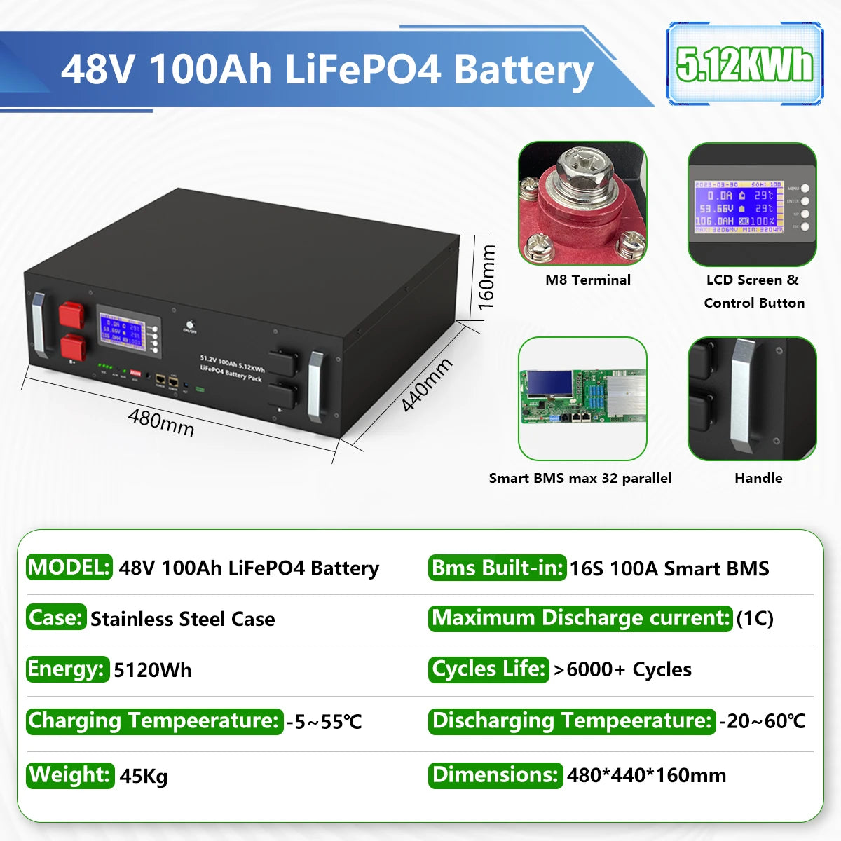 48V 100Ah To 300Ah LiFePO4 Battery Pack, 51.2V, 6000 Cycles, Smart BMS ...
