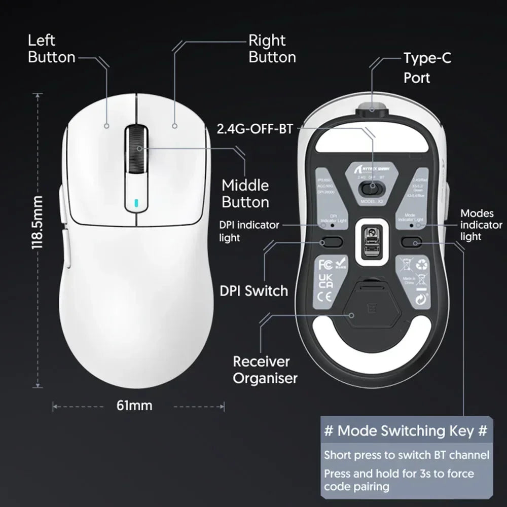 ATTACK SHARK X3 Lightweight Wireless Gaming Mouse Tri-Mode Connection ...