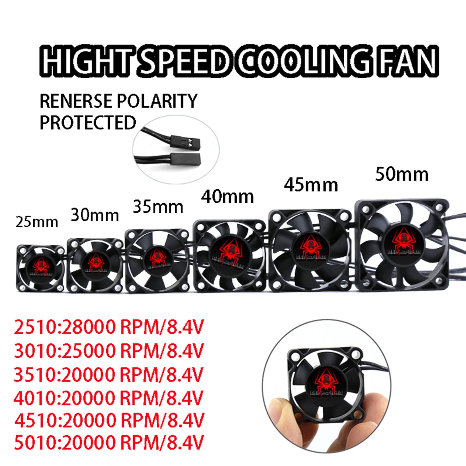 High Wind Rapid Cooling Fan 25-50mm, 8.4V, Up to 28000 RPM, Reverse Po ...