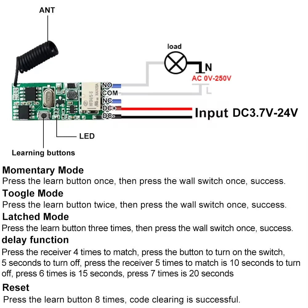 Wireless Relay Receiver Module 1 CH RF Switch Kit DC 3.7V-24V Adjustab – Network Hardwares