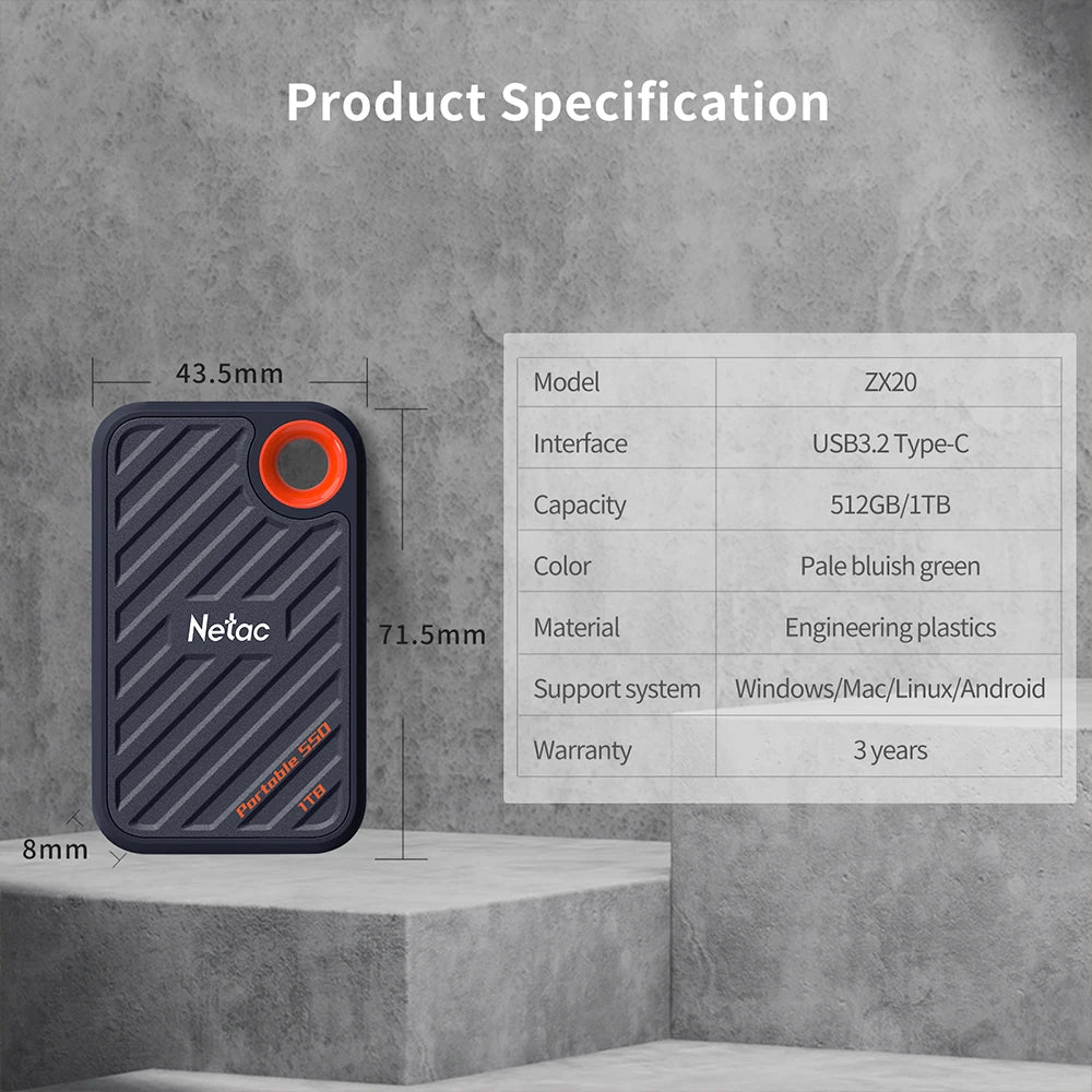 Netac ZX20 Portable SSD 512GB and 1TB Storage Options, USB3.2 Gen2X2 2 ...