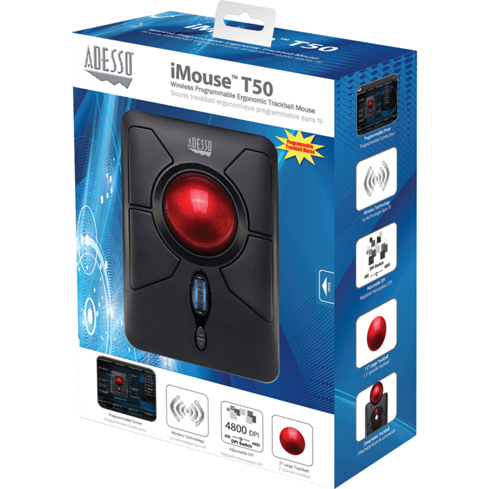 Adesso IMOUSE T50 Wireless Programmable Ergonomic Trackball Mouse, 2.4 ...