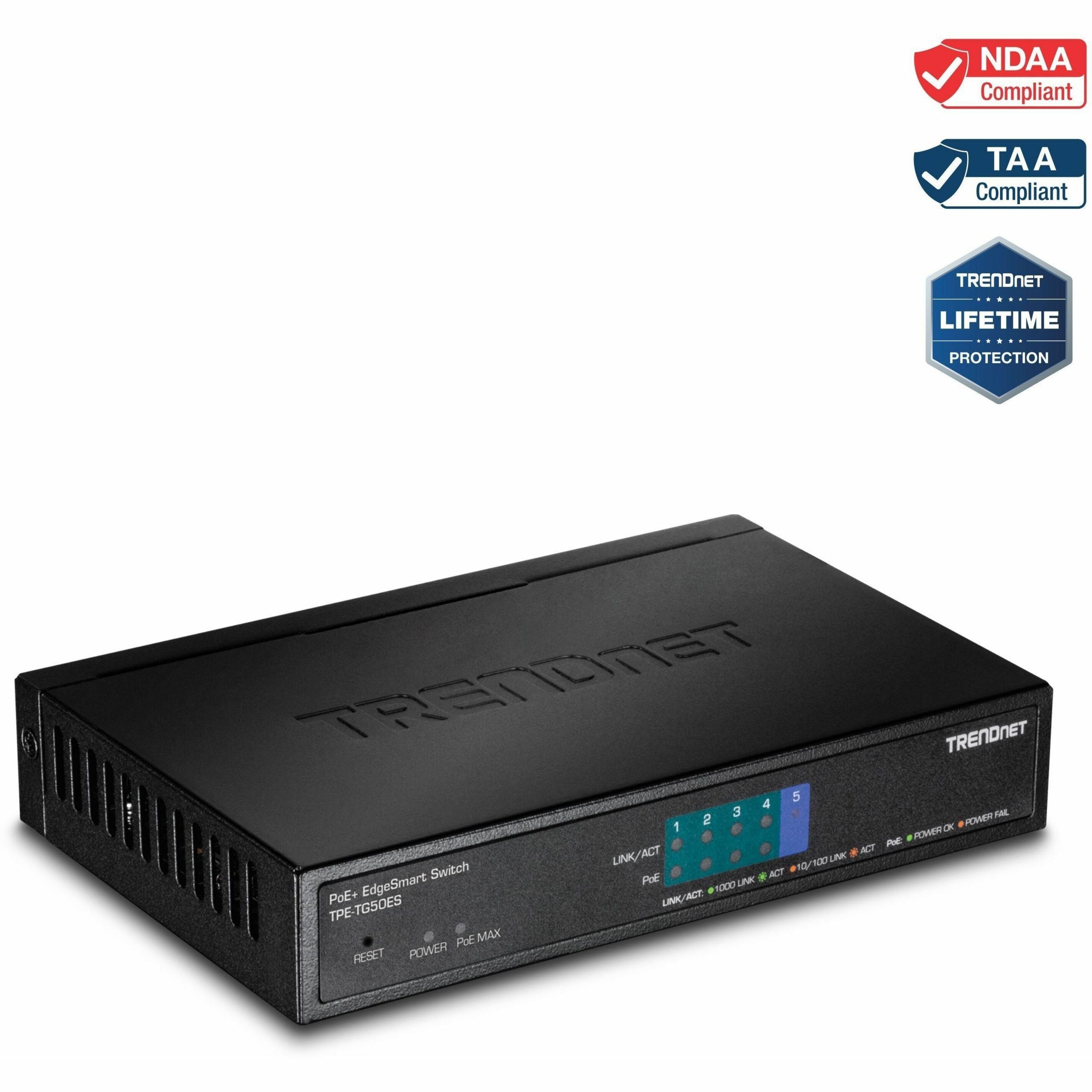 TRENDnet TPE-TG50ES 5-Port Gigabit EdgeSmart PoE+ Switch, Managed, 31W ...