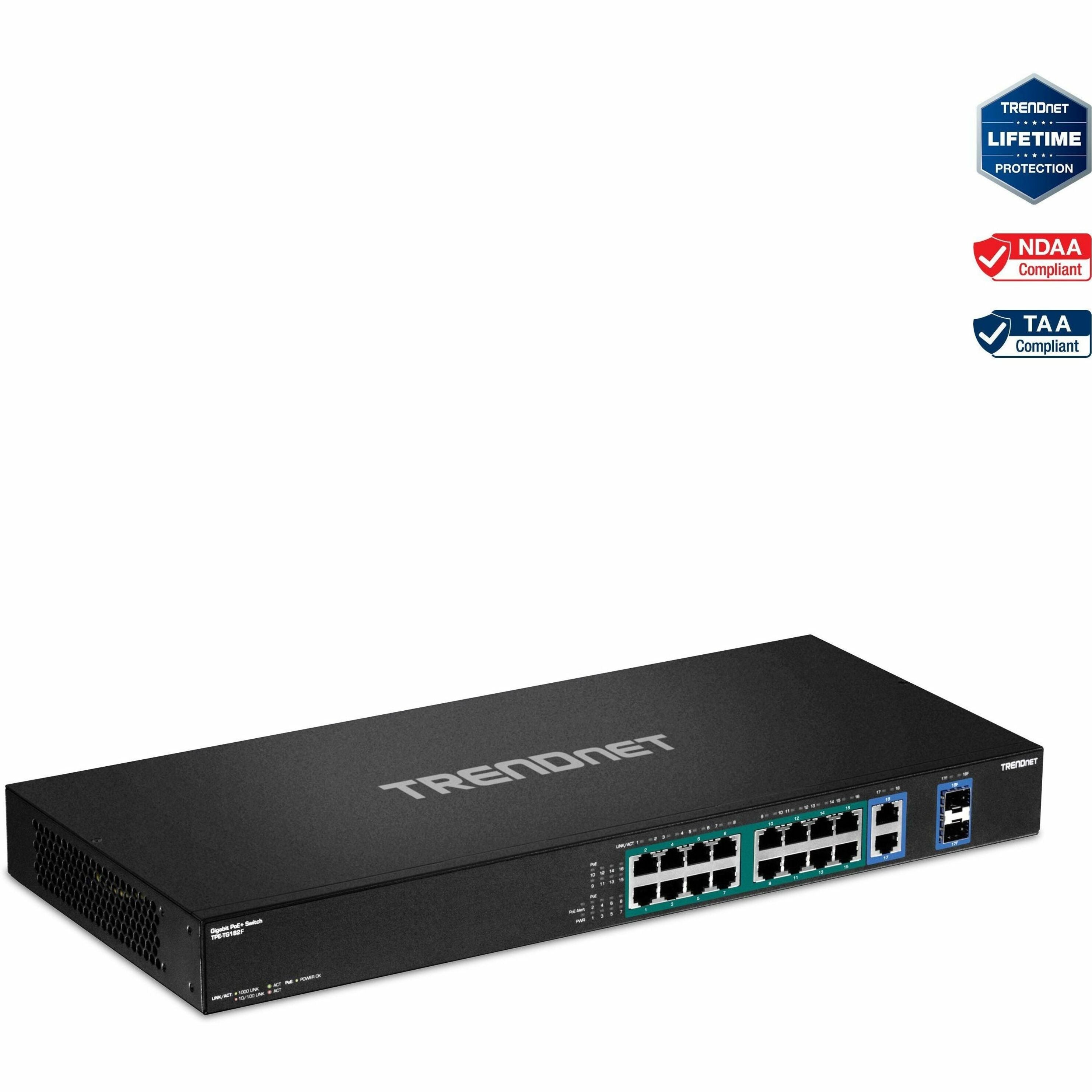 TRENDnet TPE-TG182F 18-Port Gigabit High Power PoE+ Ethernet Switch, 4 ...