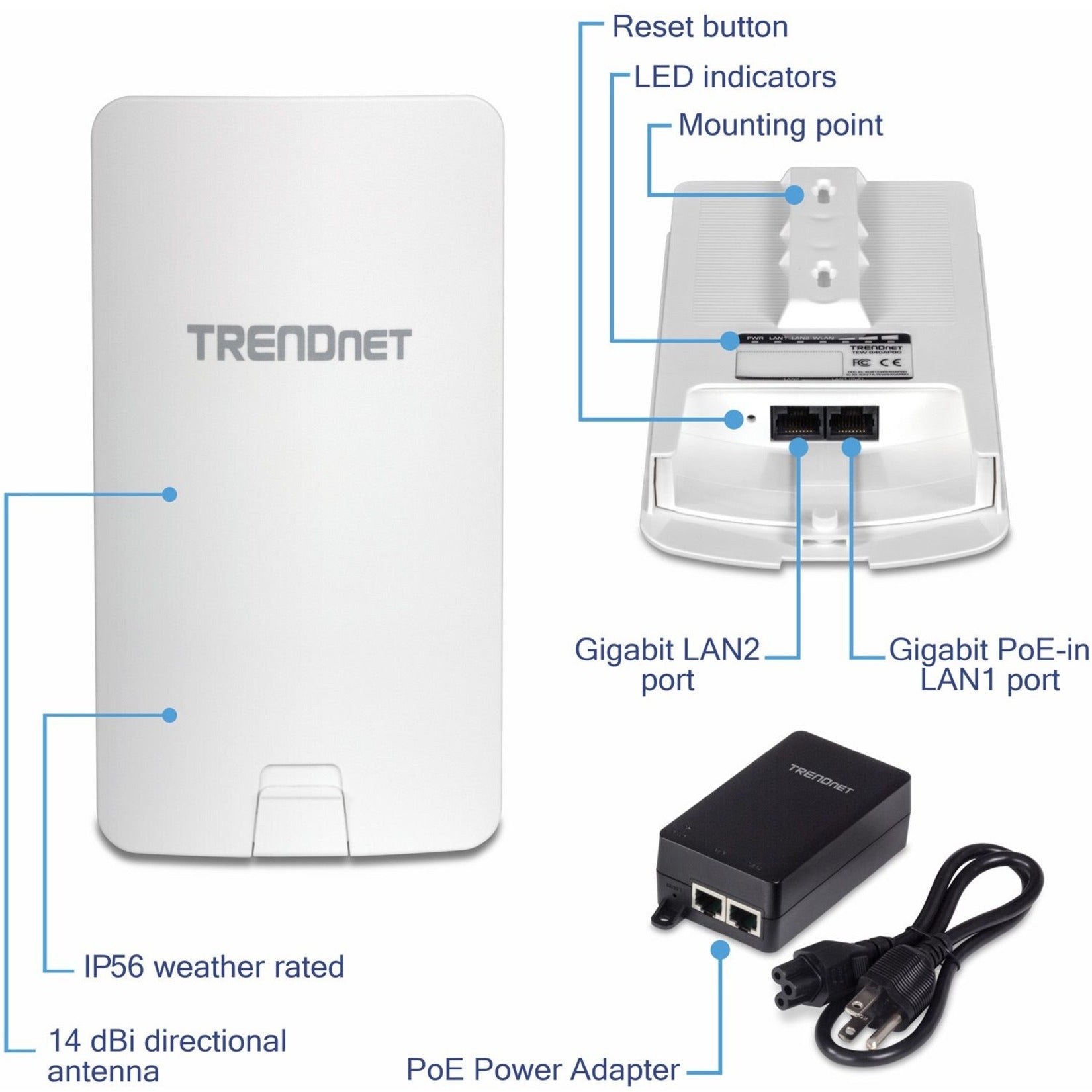 TRENDnet TEW-840APBO2K 14 dBI WiFi AC867 Outdoor Poe Preconfigured Poi ...