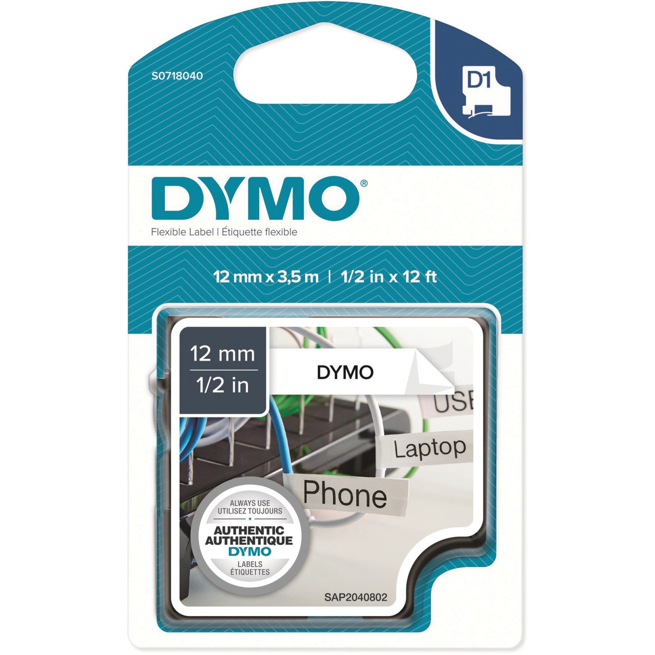 Dymo S0718040 D1 Flexible Nylontape 12mm, Self-adhesive, White/Black ...