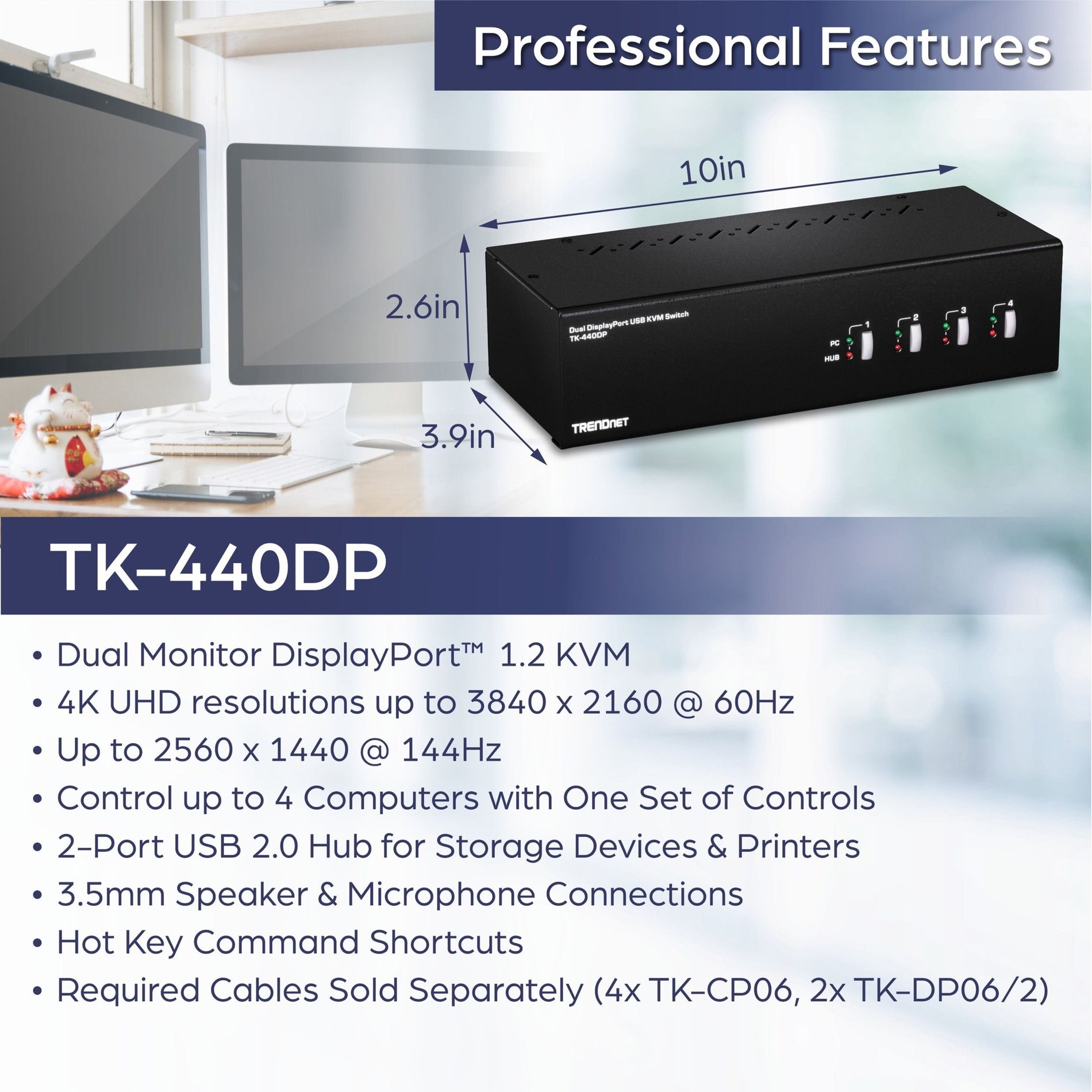 TRENDnet TK-440DP 4-Port Dual Monitor Display Port KVM Switch, 4K UHD ...