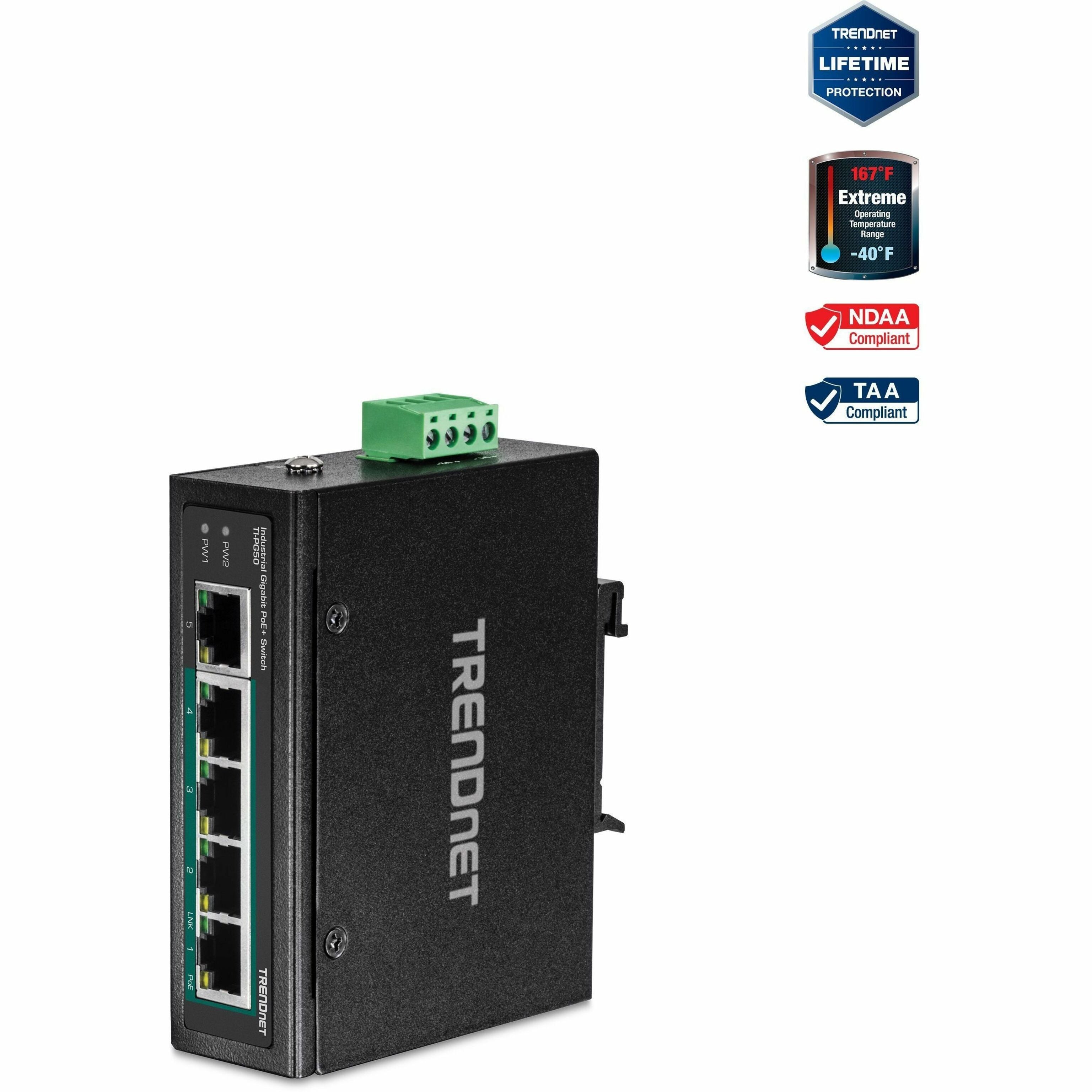 TRENDnet TI-PG50 5-Port Industrial Gigabit PoE + DIN-Rail Switch, Giga ...