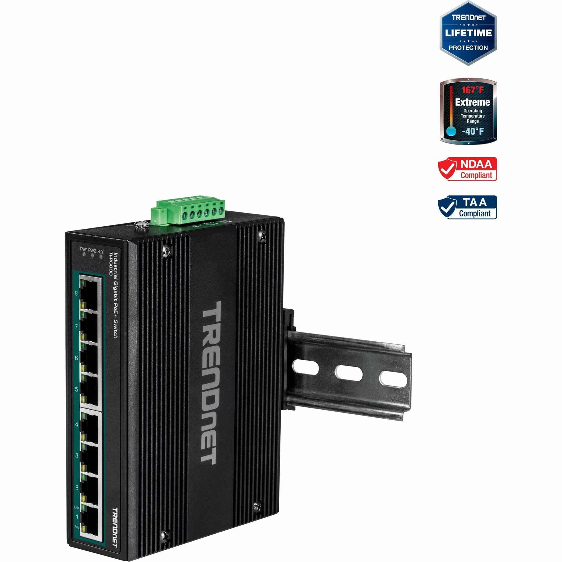 TRENDnet TI-PG80B Industrial 8-Port Gigabit PoE+ Ethernet Switch, DIN ...