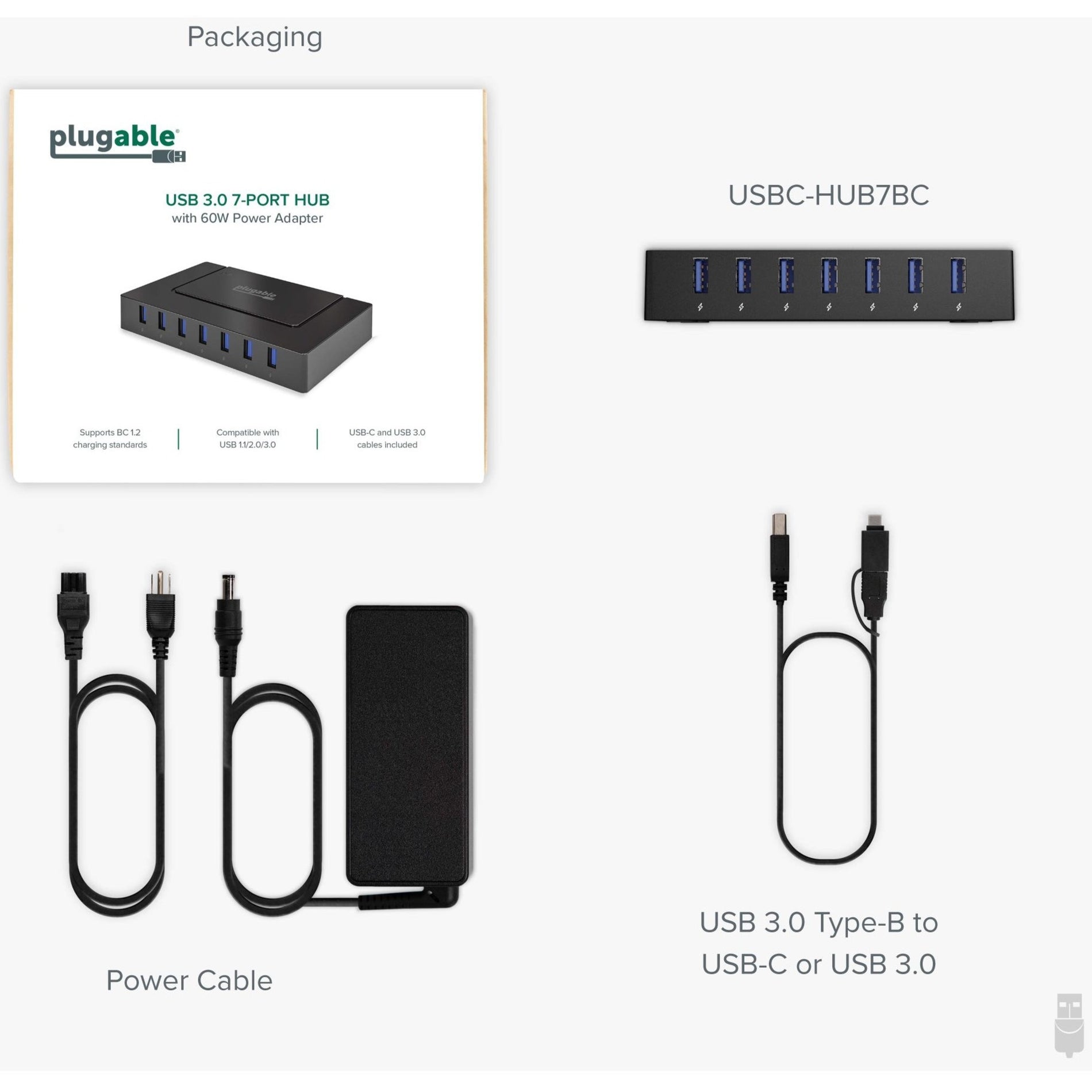 Plugable USBC-HUB7BC USB 3.0 AND USB-C 7-PORT CHARGING HUB, 2 Year War ...