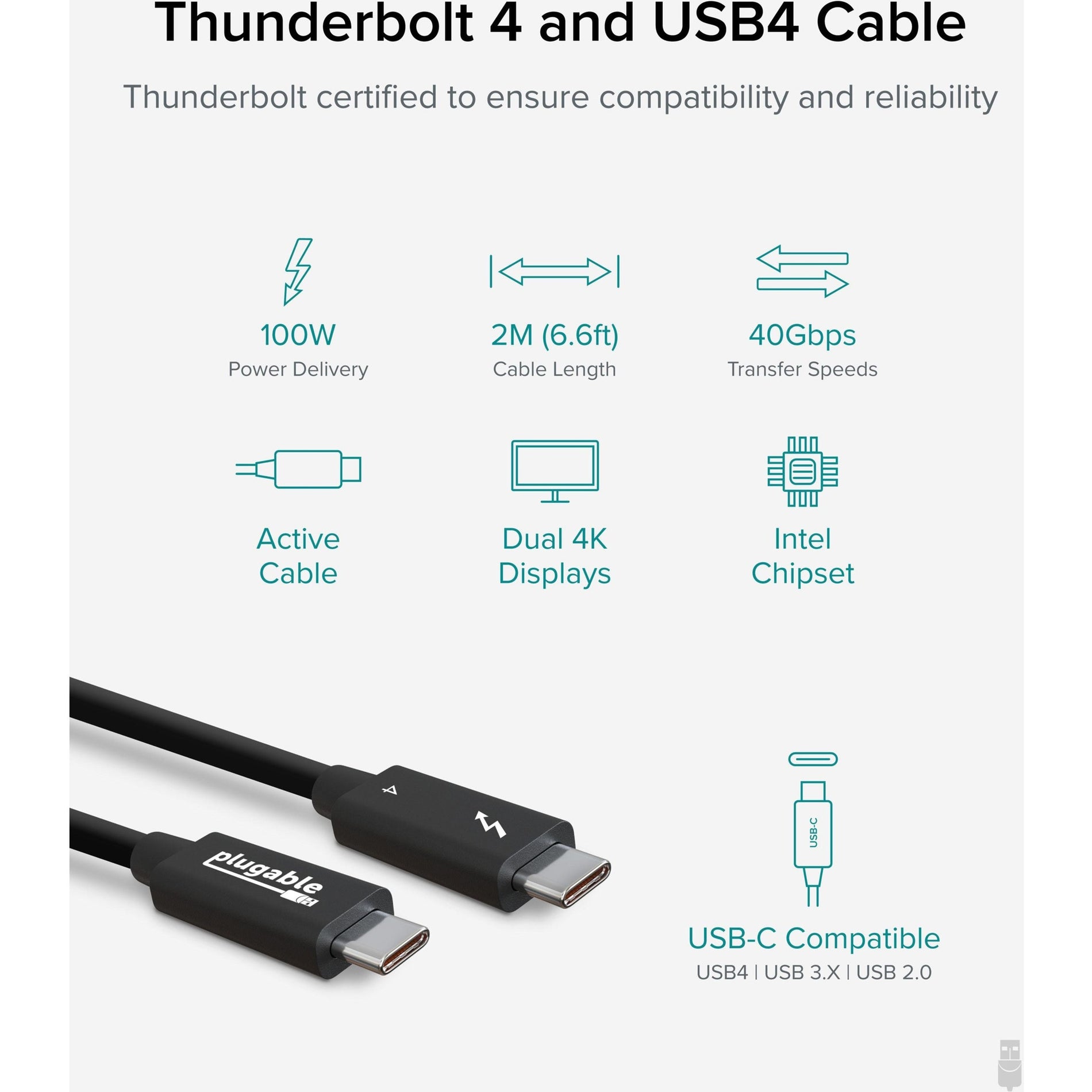 Plugable TBT4-40G2M Thunderbolt 4 Data Transfer Cable, 6.56 ft, Chargi – Network Hardwares